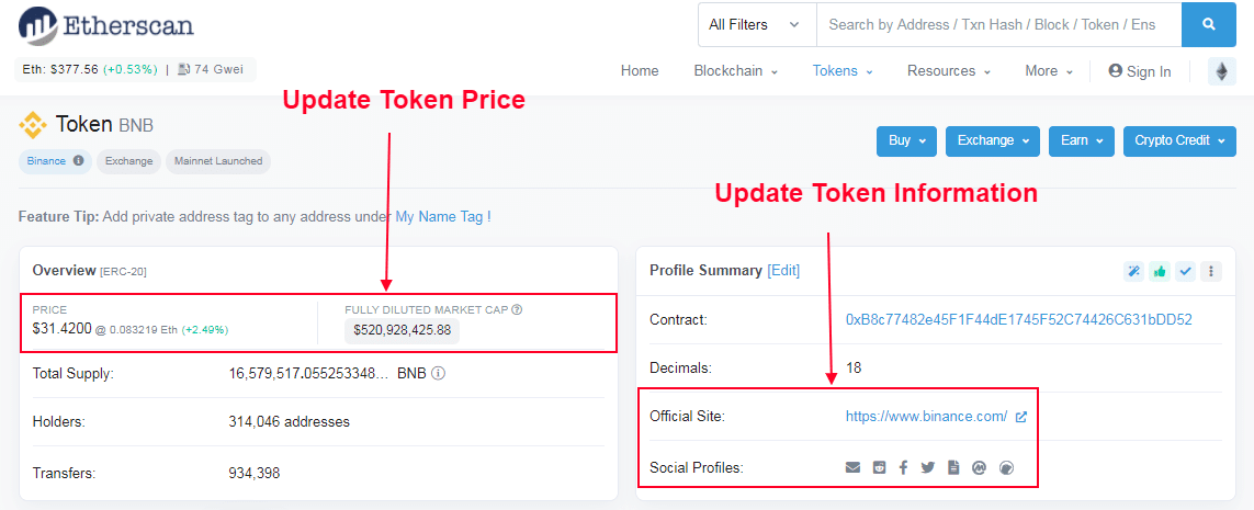 Etherscan ERC-20 Token Price and Profile Updation Services